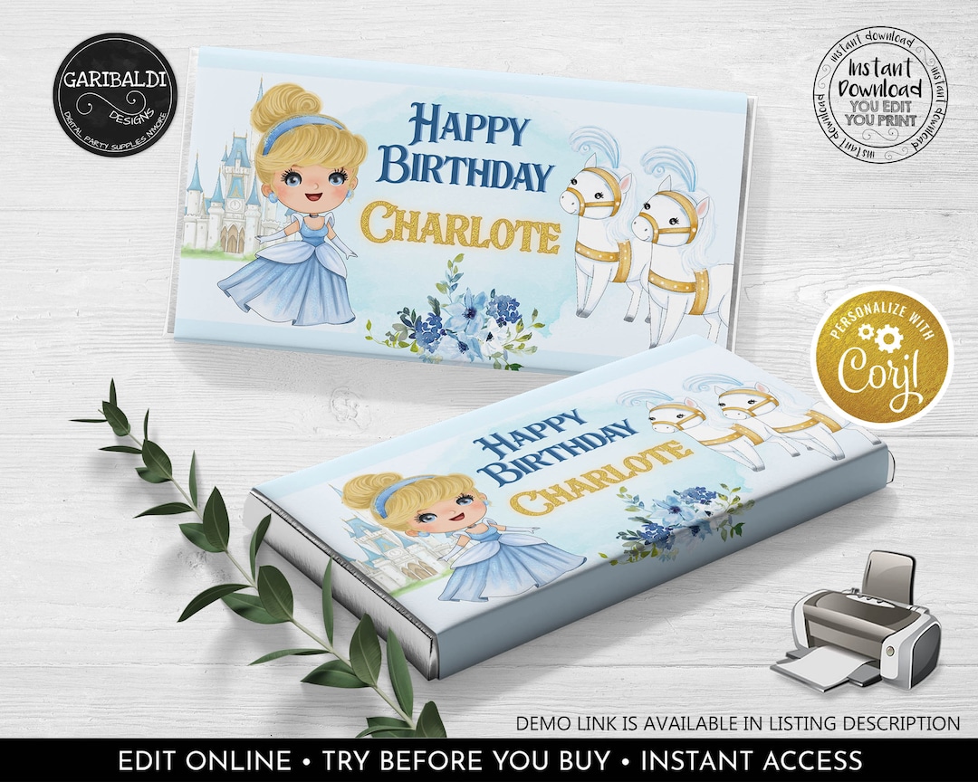 Editable Cinderella Chocolate Bar Label Princess Cinderella Candy Bar ...