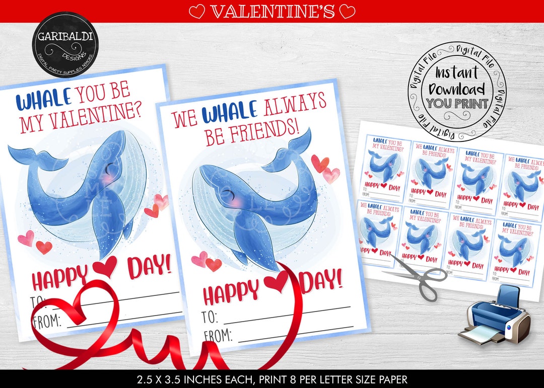 Printable Valentine's Day Cards, Whale Valentine's Day Card, Instant ...