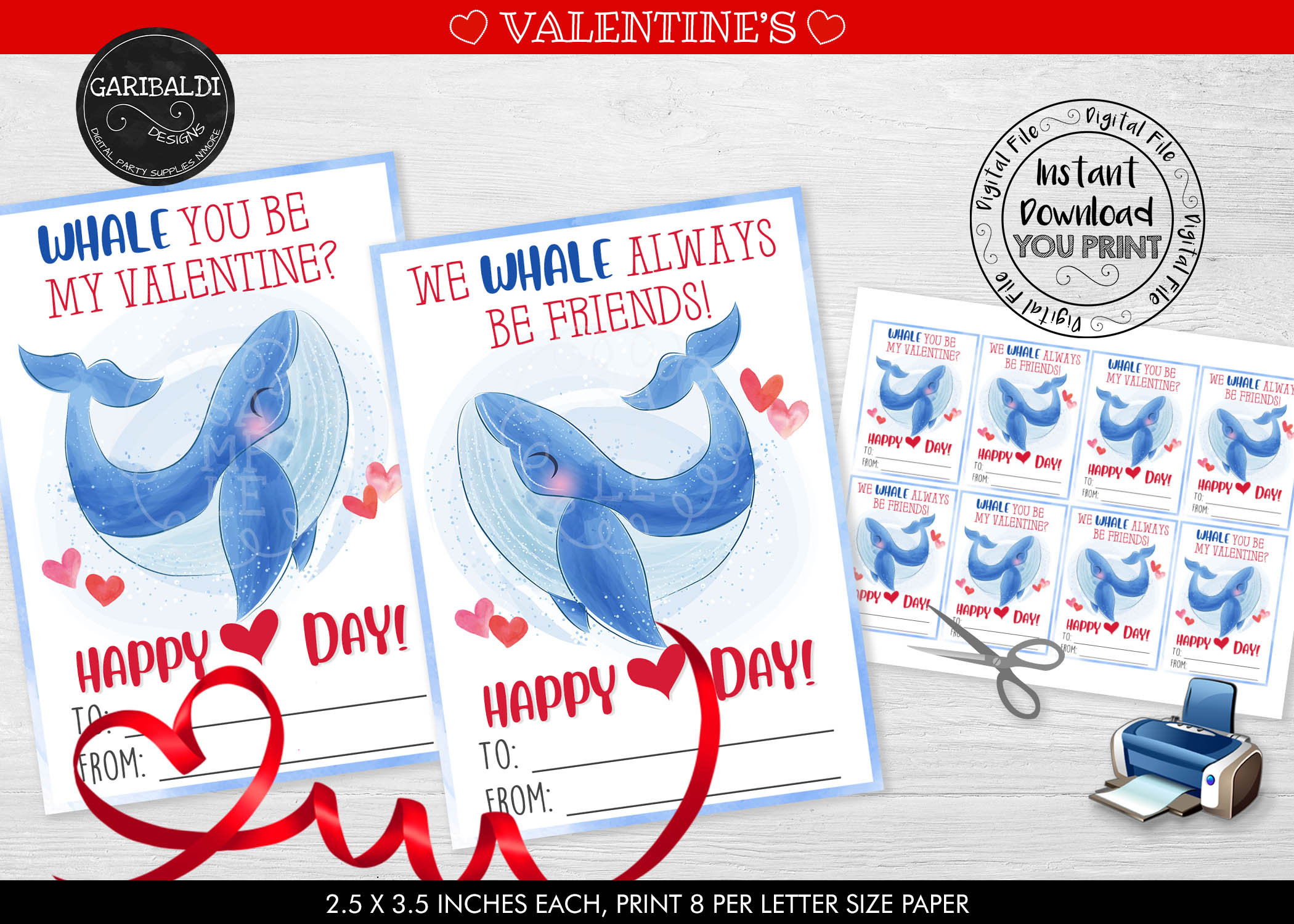 Printable Valentine's day Cards Whale Valentine's Day | Etsy