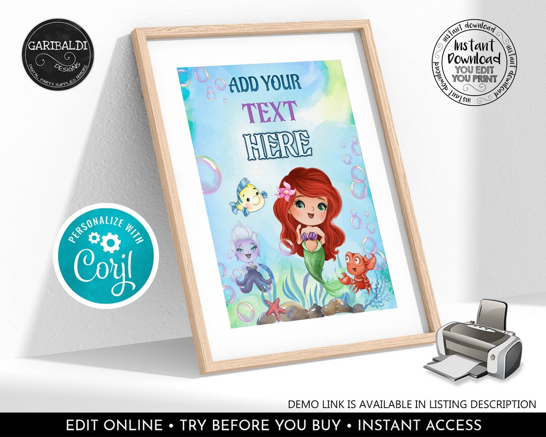 Editable Little Mermaid Custom Sign Printable Under the Sea Party Sign ...