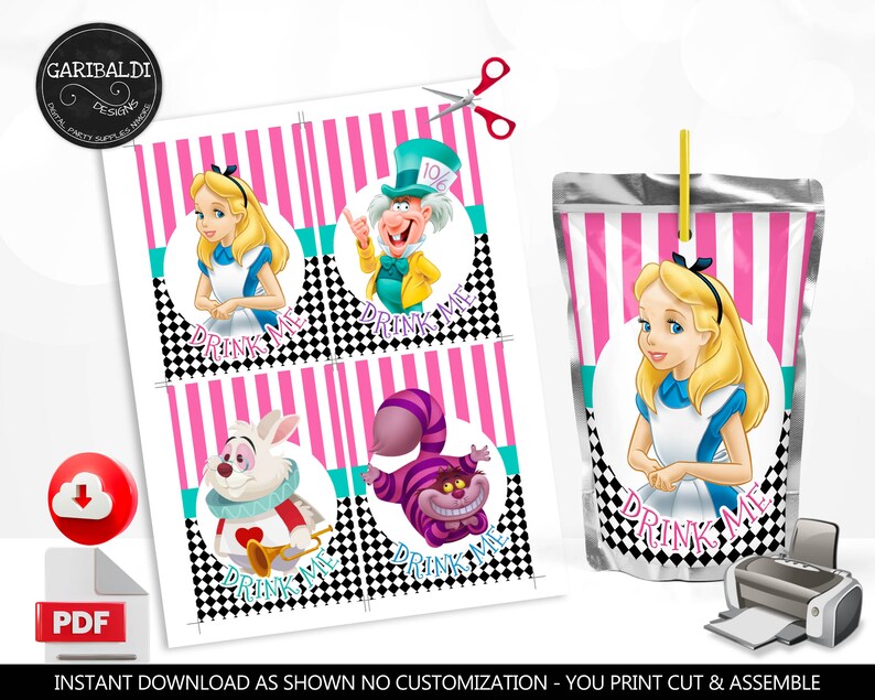 Alice in Wonderland Juice Pouch Labels Printable Drink Me Wonderland ...