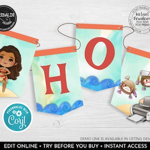 Editable Moana Pennant Banner Printable Maui Banner Hawaiian Luau ...