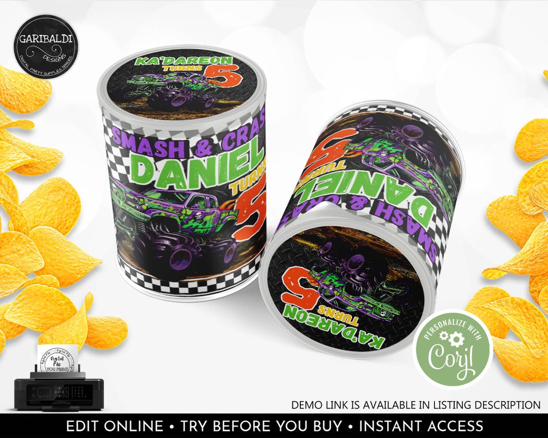 Editable Monster Truck Chip Can Wrapper Monster Truck Birthday Party ...