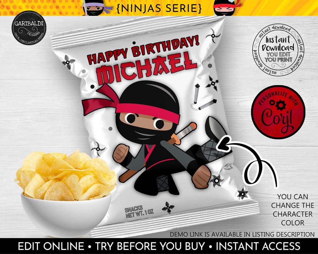 Editable Ninja Chip Bag Template Ninja Chip Bags Wrapper Instant ...
