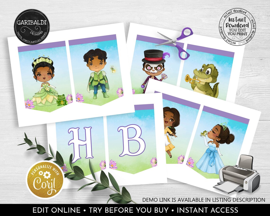 Editable Princess and the Frog Pennant Banner Printable - Etsy
