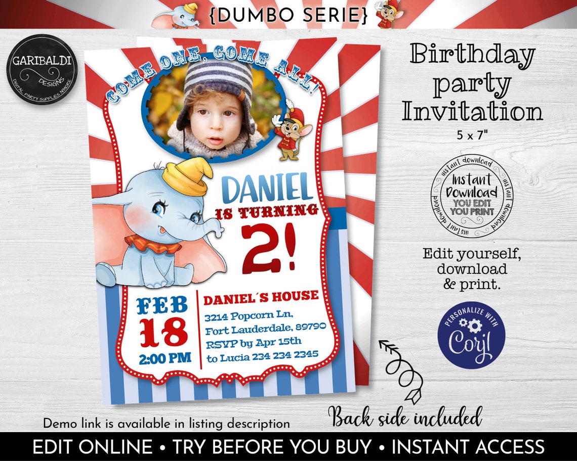 Editable Dumbo Invitation Printable Dumbo Photo Invitation | Etsy