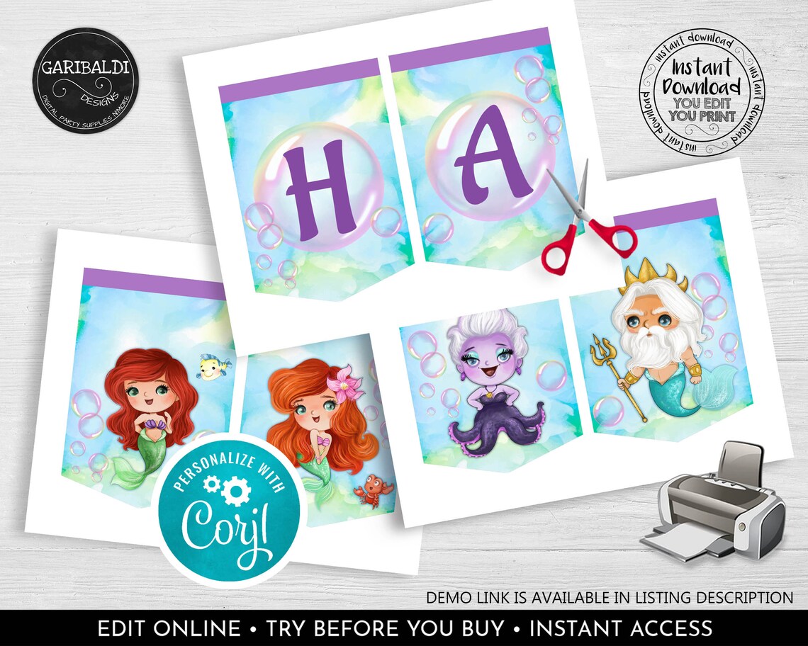 Editable Mermaid Pennant Banner Printable Under the Sea Banner - Etsy