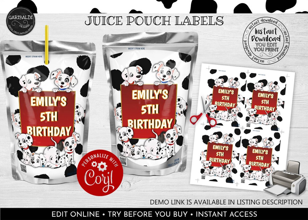 Editable Dalmatians Juice Pouch Labels Template, Puppy Dog Juice Box ...
