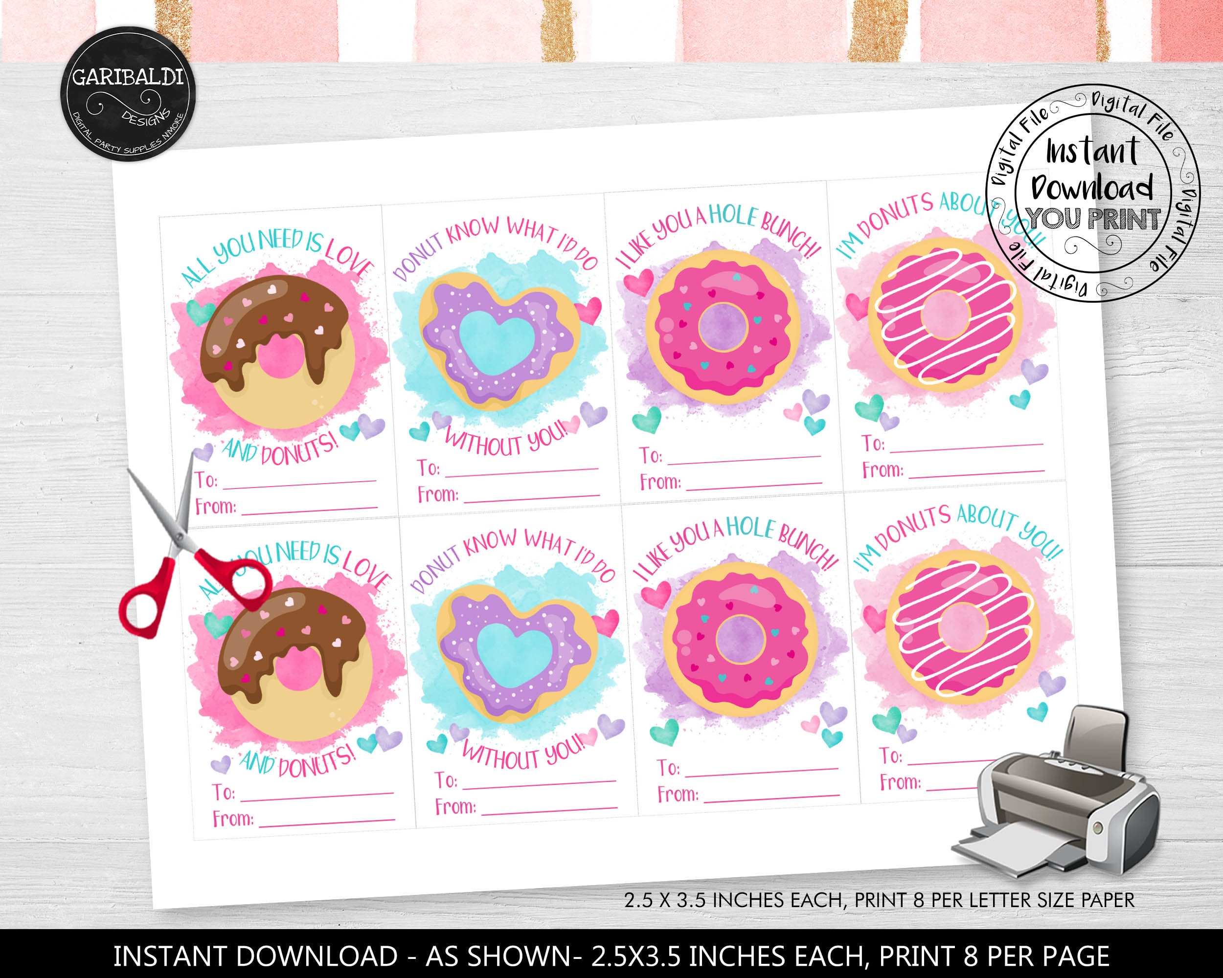 Printable Donuts Valentine Cards Cute Donuts Valentine's Day Kids Cards ...