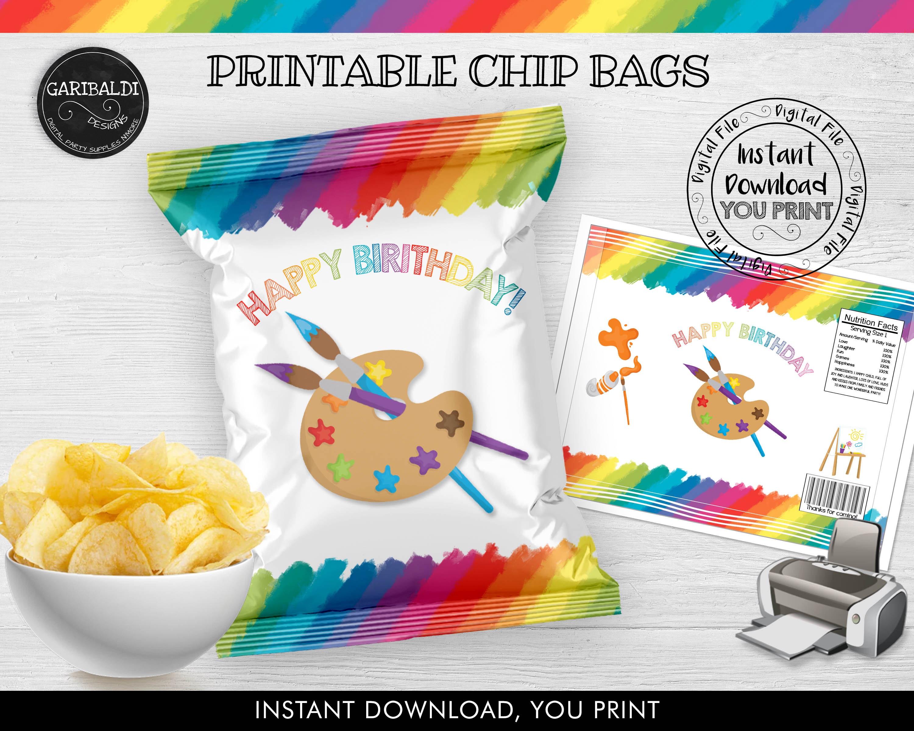 Printable Art Party "happy Birthday" Chip Bags, DIY Art Party Chip Bags ...