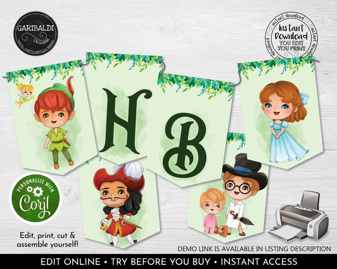 EDITABLE Peter Pan Banner Neverland Birthday Party Bunting Banner Peter ...