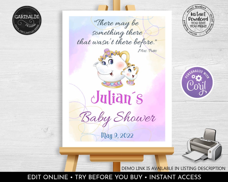 Editable Baby Shower Welcome Sign Mrs. Potts and Chip - Etsy