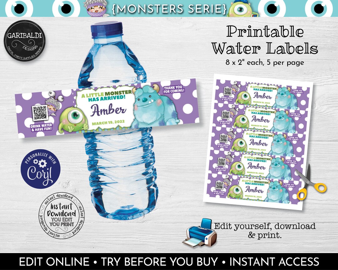 Editable Water Bottle Labels Template Printable Monster Water Bottle ...