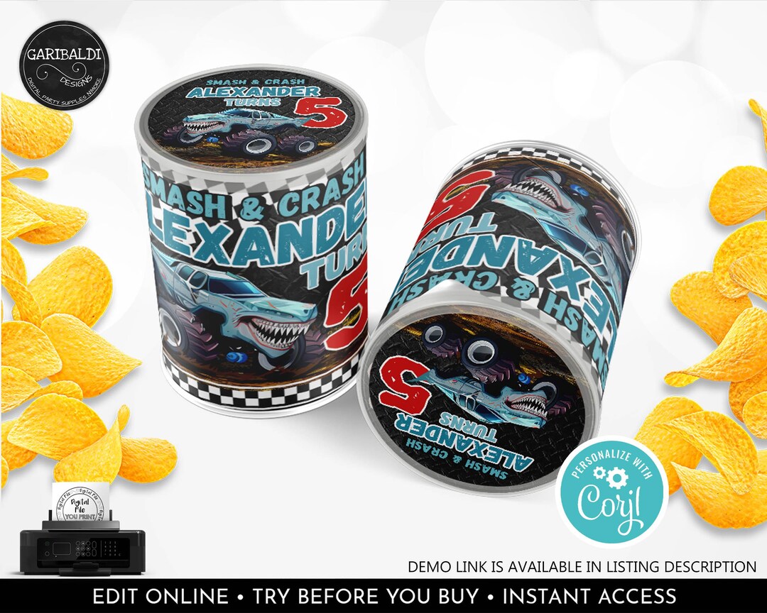 Editable Shark Monster Truck Chip Can Wrapper Monster Truck Birthday ...