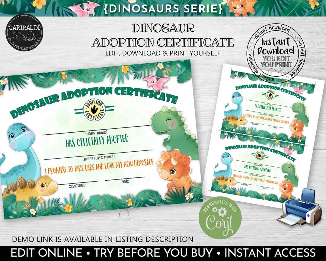 Editable Adopt a Dinosaur Certificate Dinosaur Adoption Certificate ...