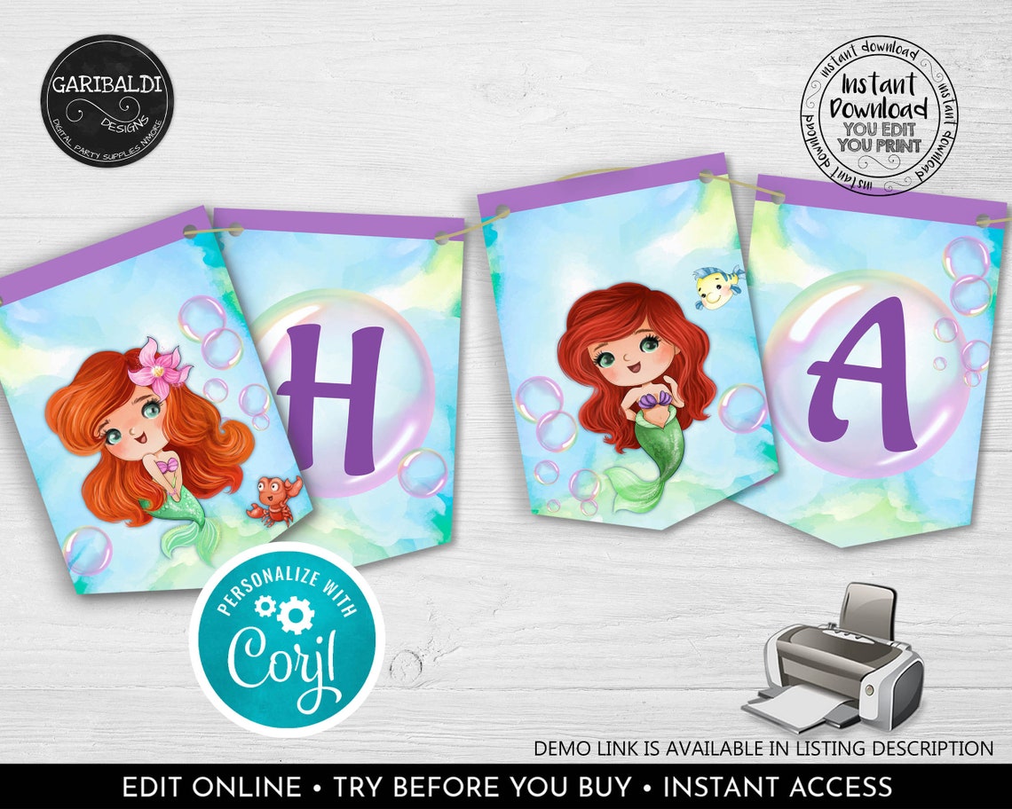 Editable Mermaid Pennant Banner Printable Under the Sea Banner - Etsy