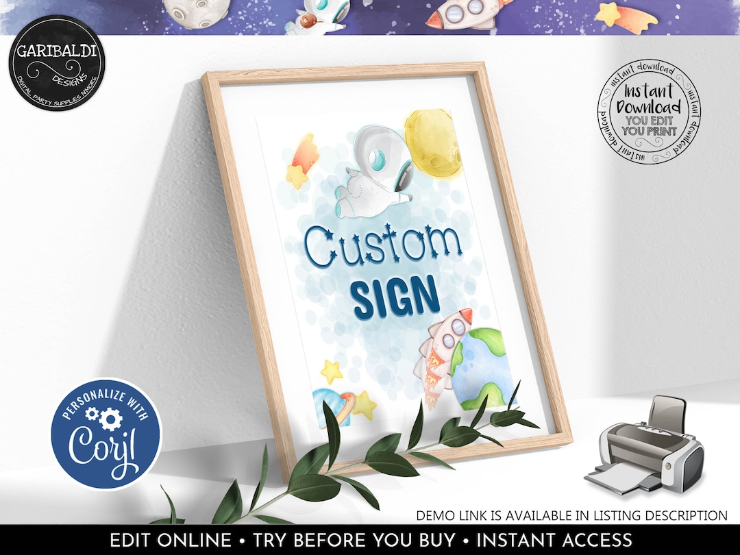 Editable Outer Space Custom Sign Baby Astronaut Birthday Party Galaxy ...