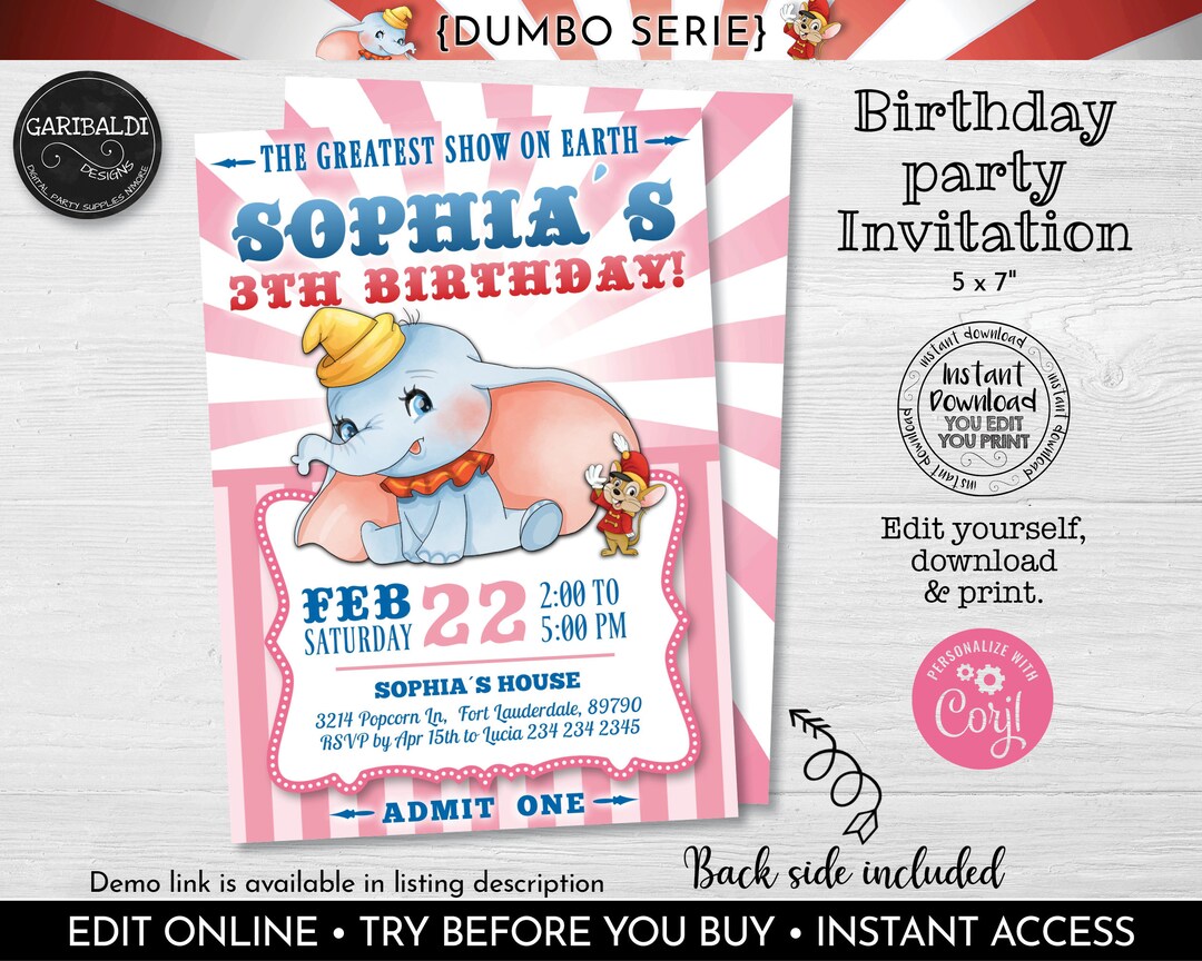 Editable Dumbo Invitation Dumbo Pink Invitation Dumbo Printable ...