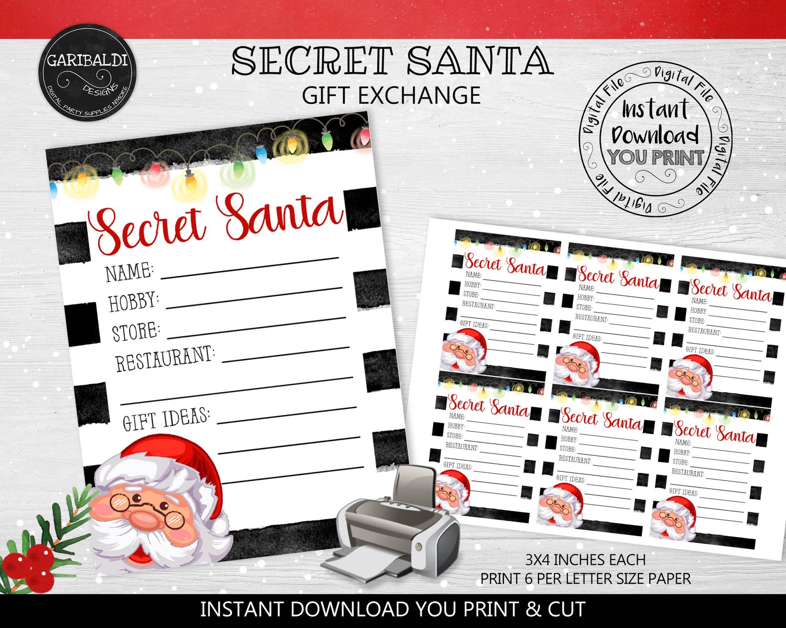 Secret Santa Questionnaire Card Secret Santa Printable Cards Secret ...