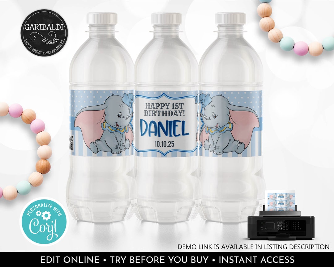 Editable Dumbo Water Bottle Label Baby Elephant Party Favors Dumbo ...