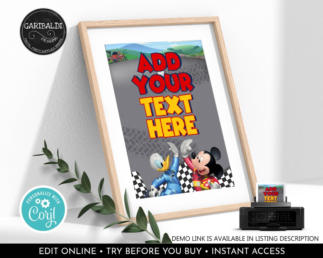 Editable Mickey Roadster Racers Custom Sign Racing Cars Custom Poster ...