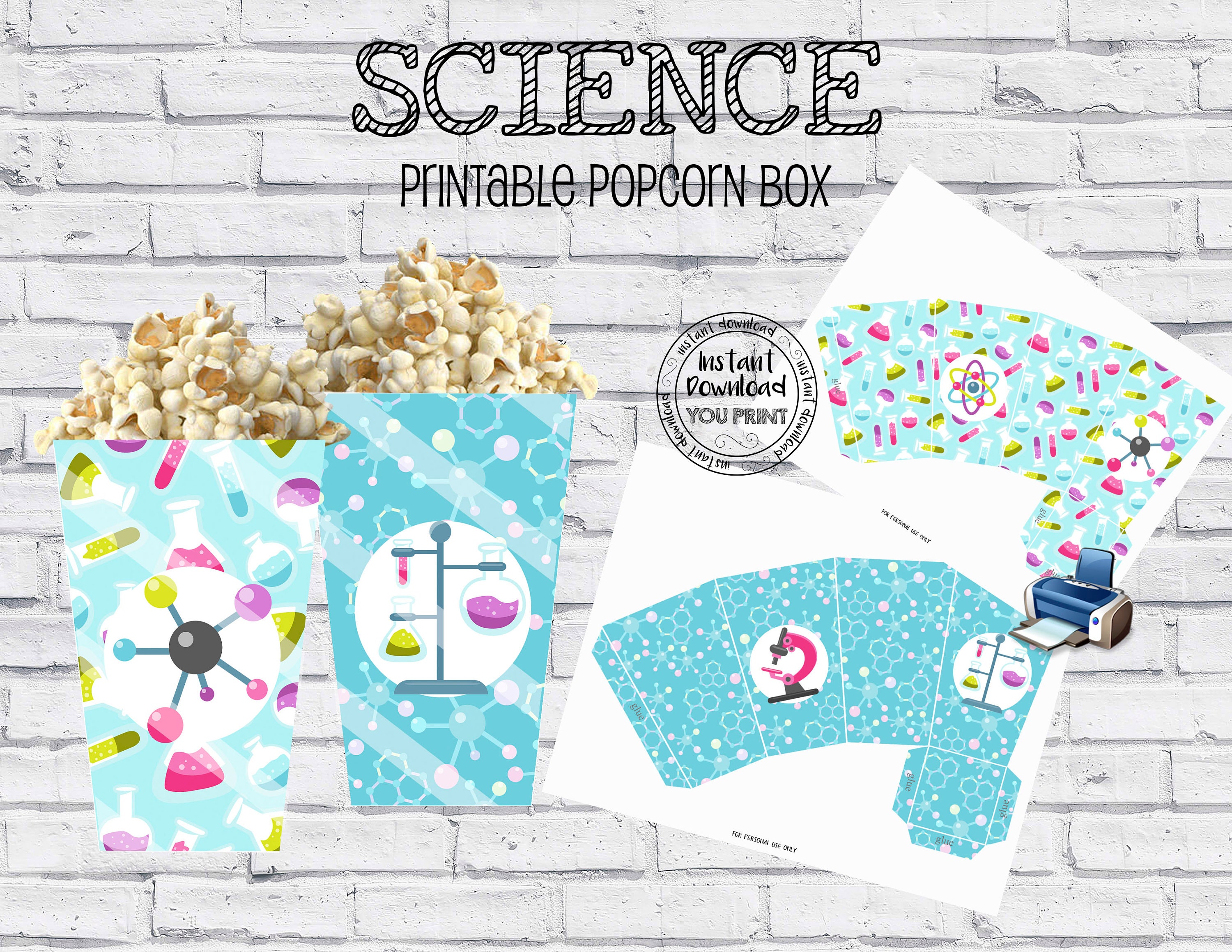 Printable Science Birthday Popcorn Box, Science Birthday Party Favors ...