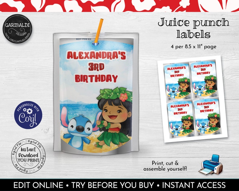Editable Lilo & Stitch Juice Pouch Labels Printable Luau Juice Labels ...