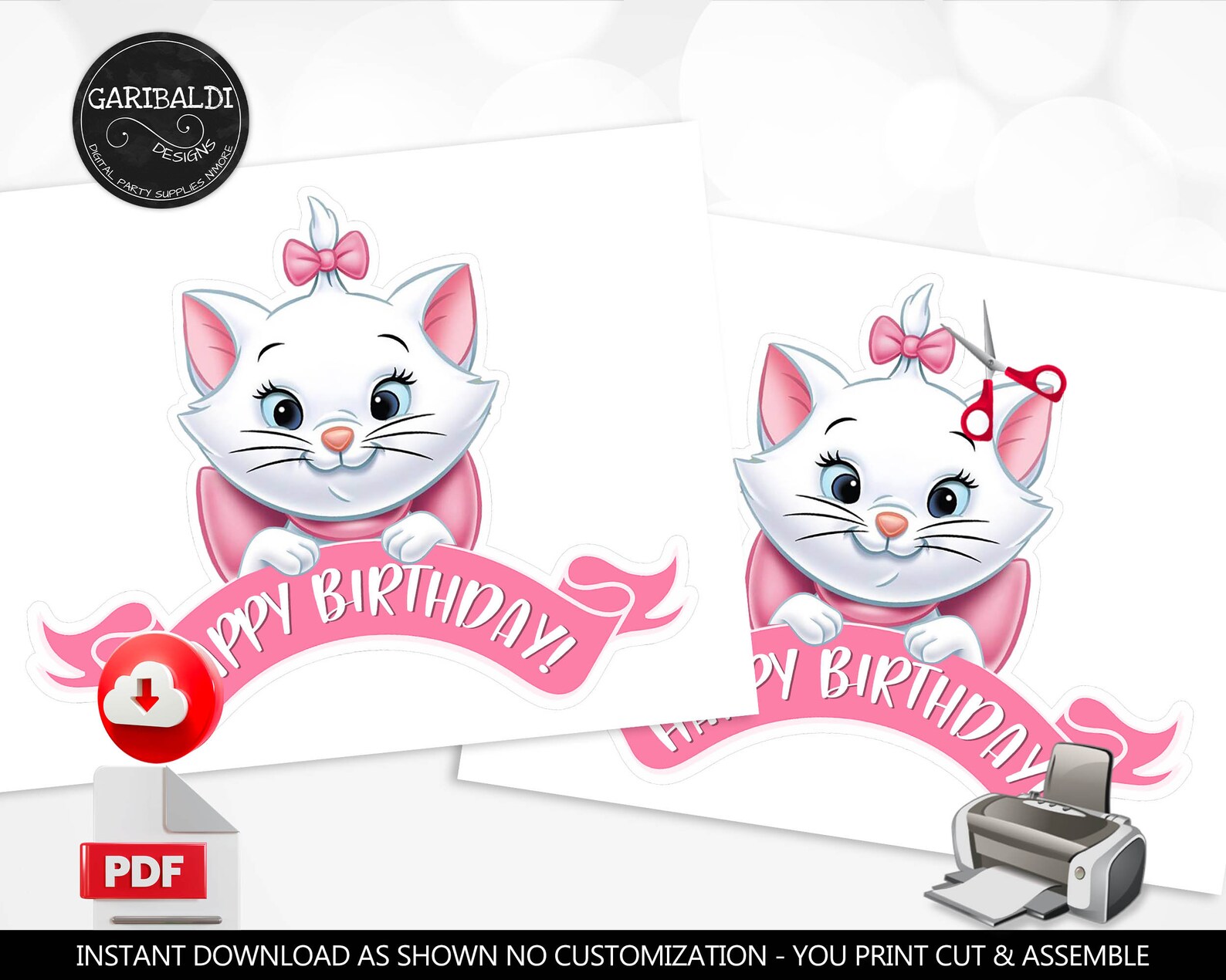 Cat Marie Happy Birthday Cake Topper Printable Cute Marie Centerpiece ...