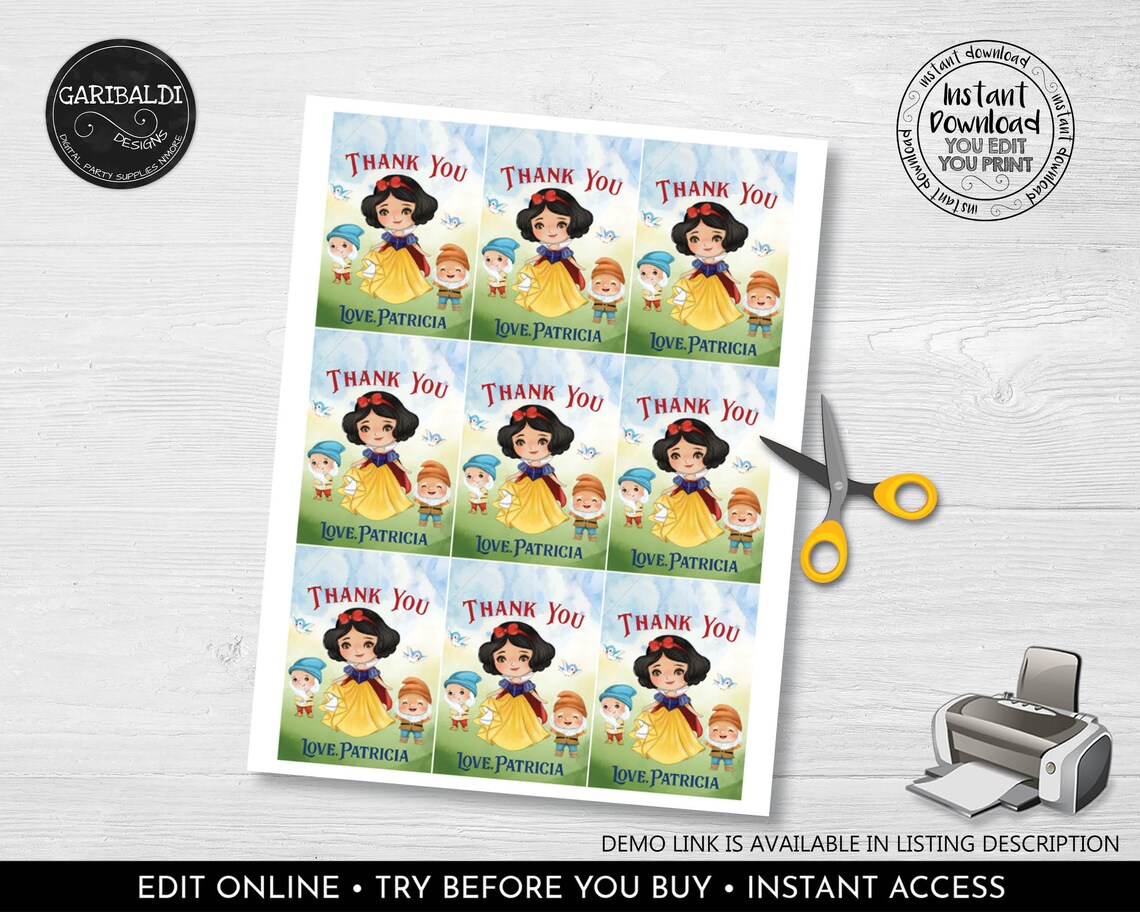 Editable Snow White Favor Tags Printable Snow White Gift Tags - Etsy