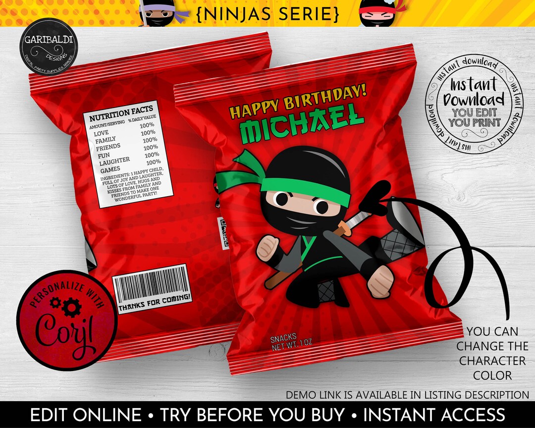 Editable Chip Bag Template Ninja Chip Bags Wrapper Instant Download ...