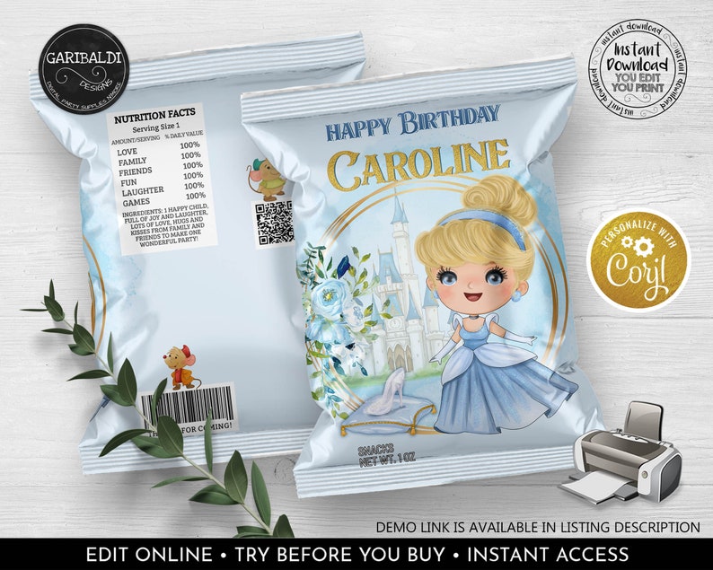Editable Cinderella Chip Bag Wrapper Once Upon a Time Princess - Etsy