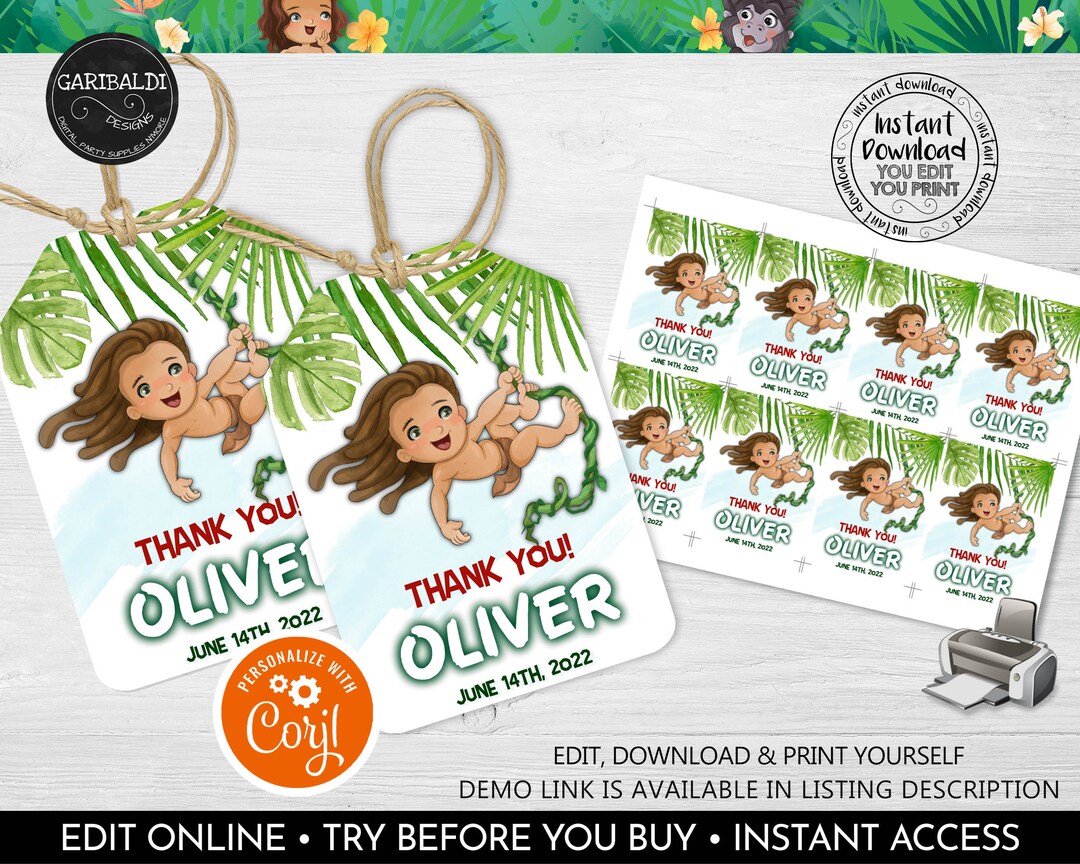Editable Wild One Favor Tags, Jungle Boy Thank You Tags, Jungle ...