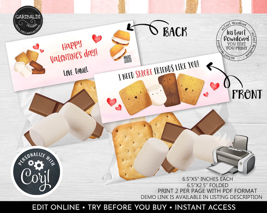 Editable Valentine's Day Bag Topper Smores Valentine's Day Treat Bag ...