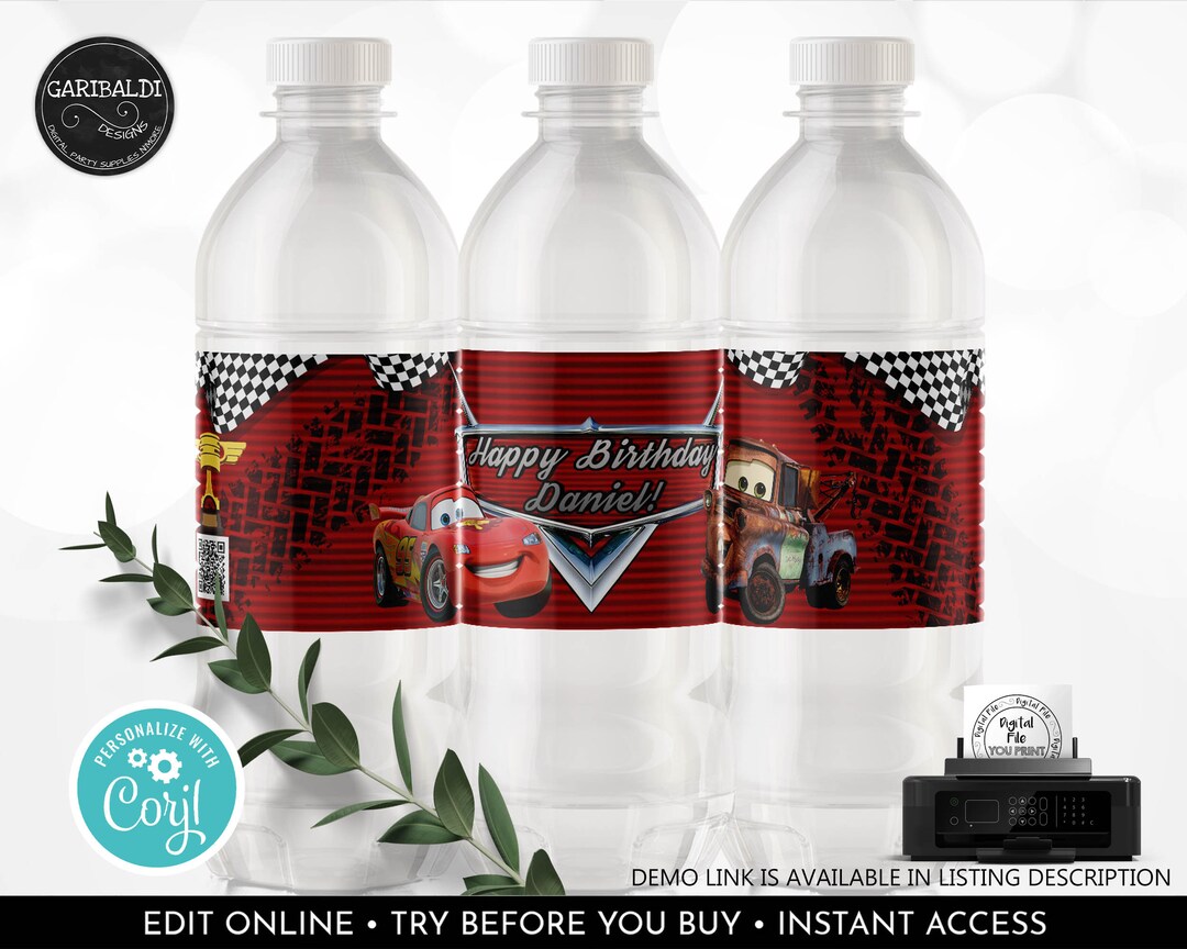 Editable Racing Cars Water Bottle Labels Radiator Springs Favor Tags ...