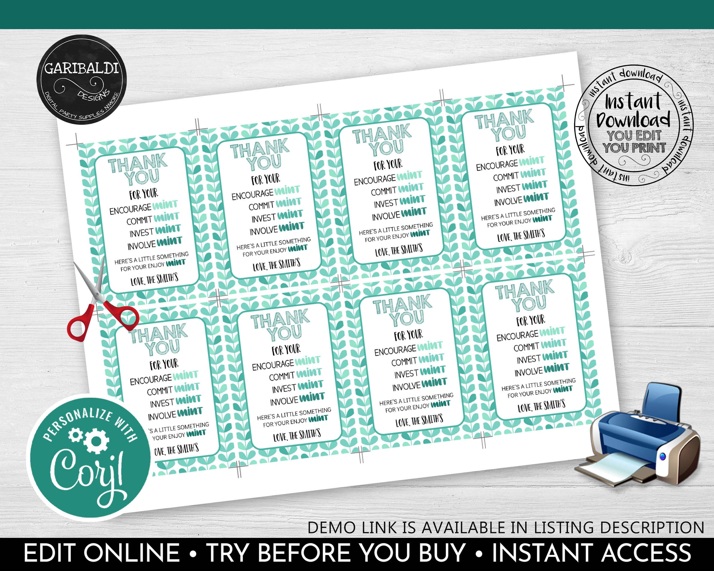 Editable Mint Thank You Tags, Printable Mint Tags, Volunteer Staff ...