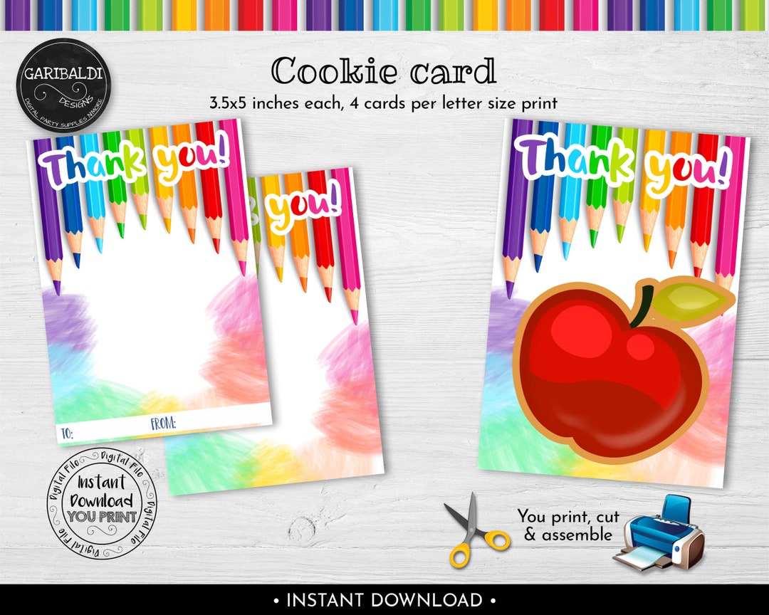 Instant Download Thank You Cookie Card, Printable Teacher Cookie Card ...