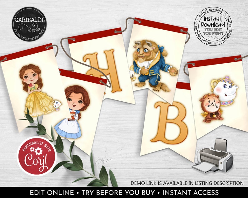 Editable Beauty and the Beast Pennant Banner Printable - Etsy