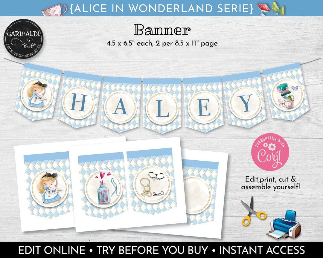 EDITABLE Alice in Wonderland Pennant Banner, Alice in Wonderland ...