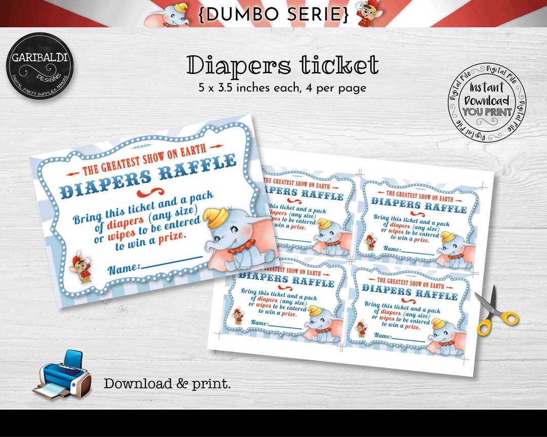 Instant Download Dumbo Diaper Raffle Ticket, Printable Blue Dumbo ...