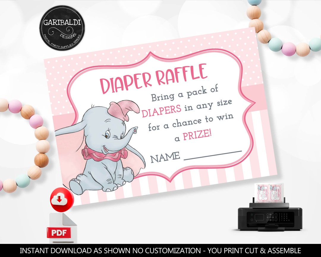 Pink Dumbo Diapers Request Card Pink Baby Diaper Raffle Ticket Pink ...
