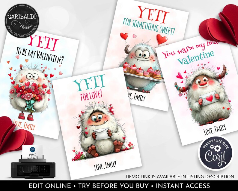 Editable Yeti Valentine's Day Cards Valentines Yeti Kids Exchange Card ...