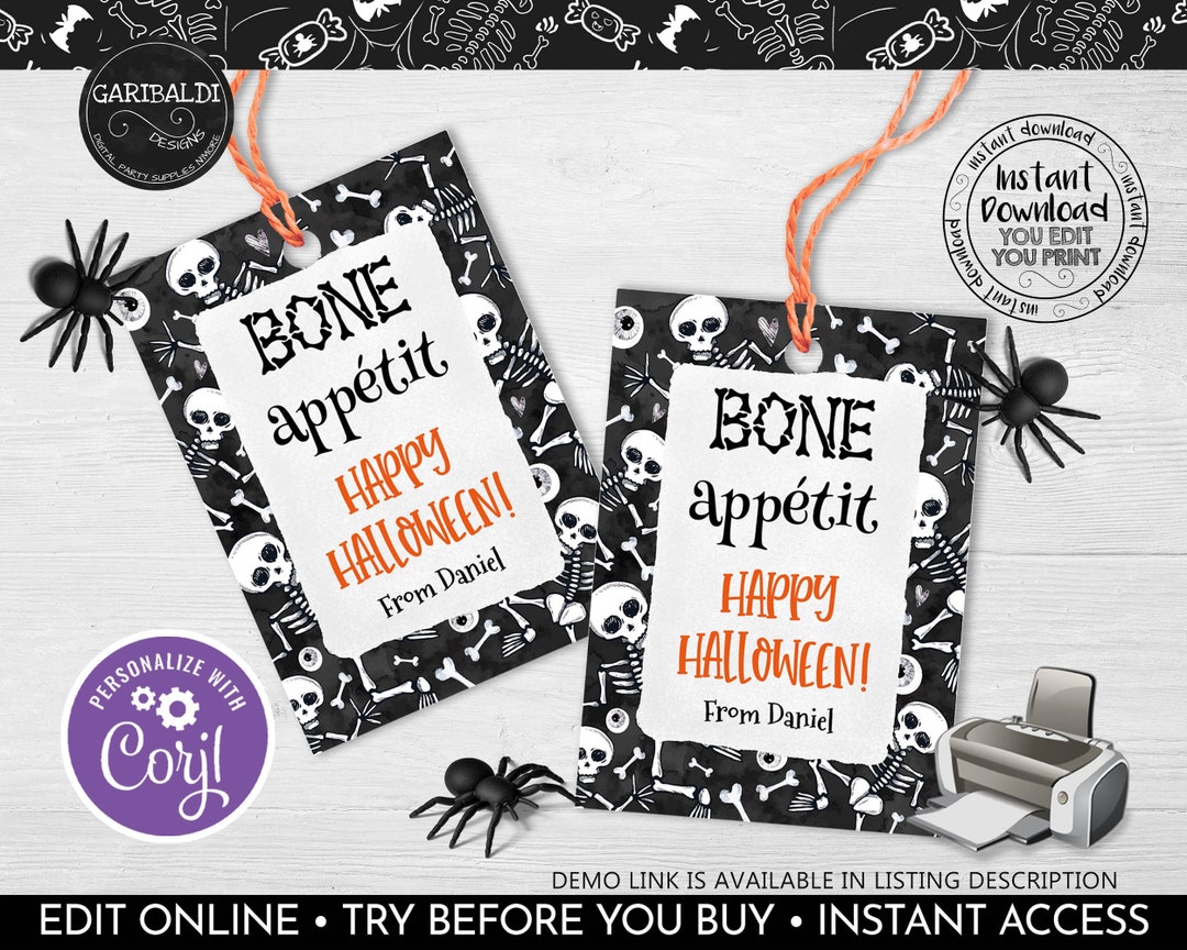 Editable Halloween Bone Appétit Gift Tag Skeleton Bones Tag Halloween ...