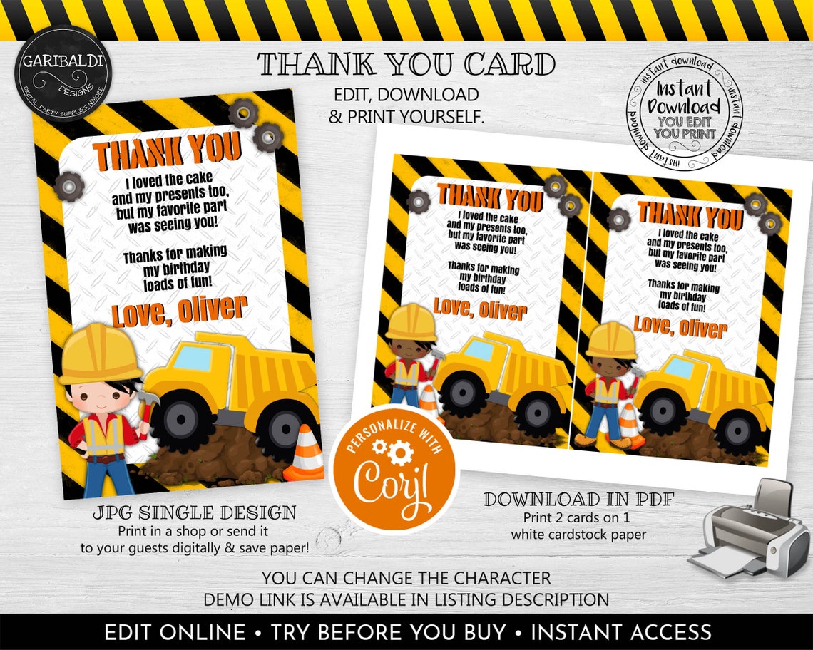 Editable Construction Birthday Thank You Card Instant - Etsy