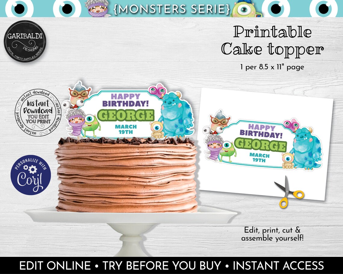 Editable Monsters Cake Topper Printable Monsters Cake Topper - Etsy