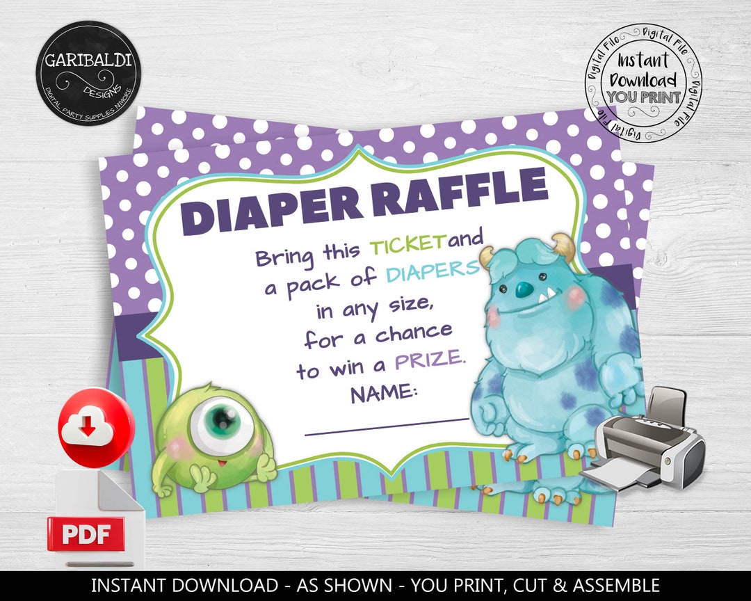 Baby Shower Diaper Raffle Insert Card Instant Download Monsters Diaper ...