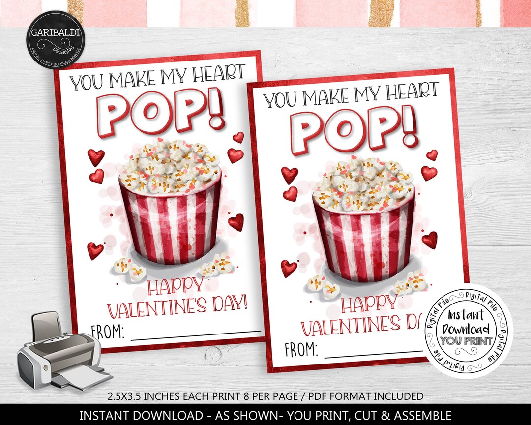 Popcorn Valentine's Day Card You Make My Heart Pop Gift Tag Popcorn ...