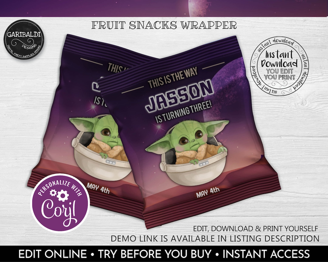 Editable Yoda Fruit Snacks Wrapper Printable Star Wars Birthday Party ...