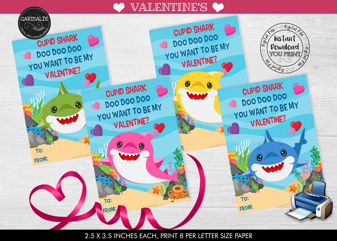 Instant Download Cute Shark Valentines Day Cards Printable Valentines ...