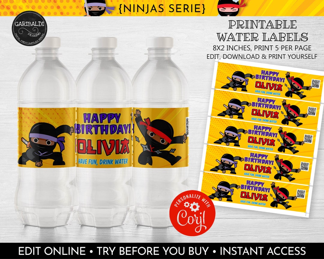 Editable Ninja Water Bottle Labels Instant Download Ninja Labels ...