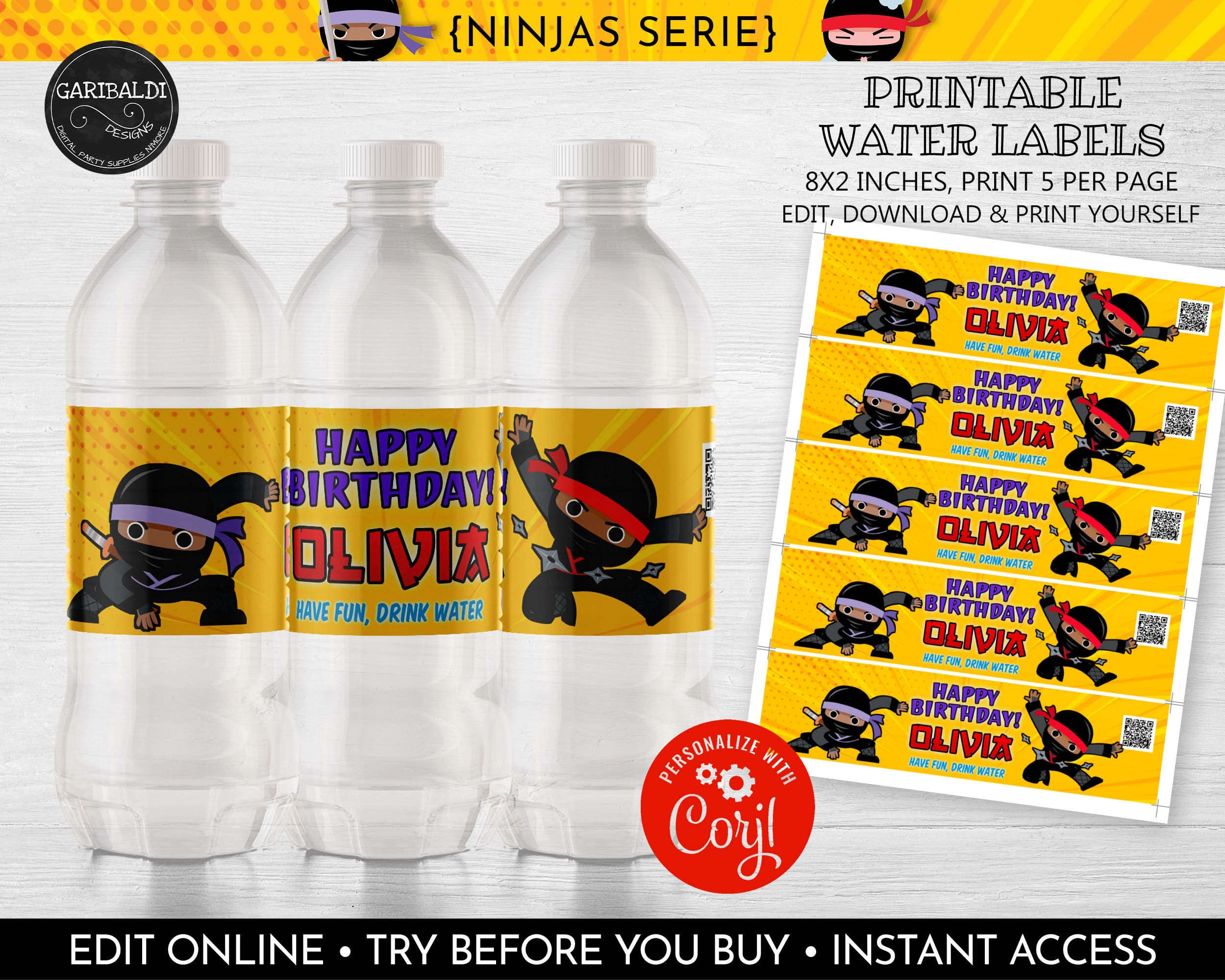 Editable Ninja Water Bottle Labels Instant Download Ninja | Etsy